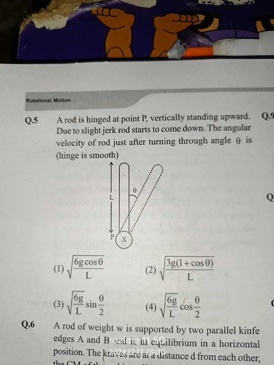 Rotational Motion Q. 5 A rod is hinged at point P, vertically standing ...