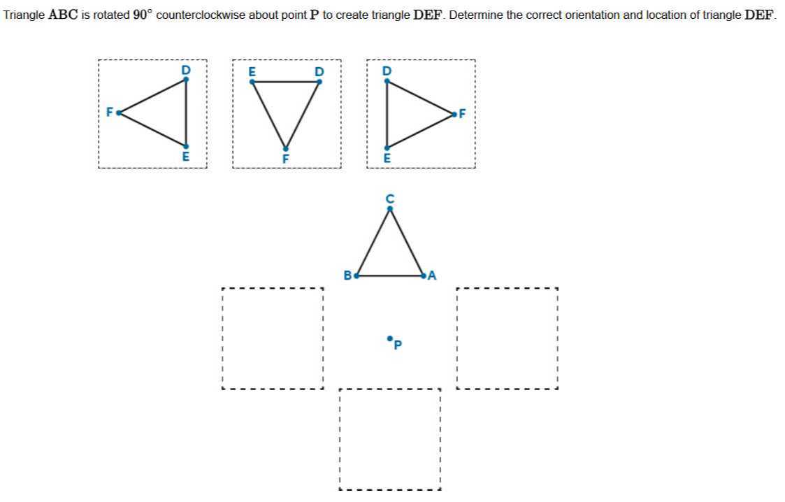 Triangle ABC is rotated 90^∘ counterclockwise about point P to create triangle DEF. Determine ...