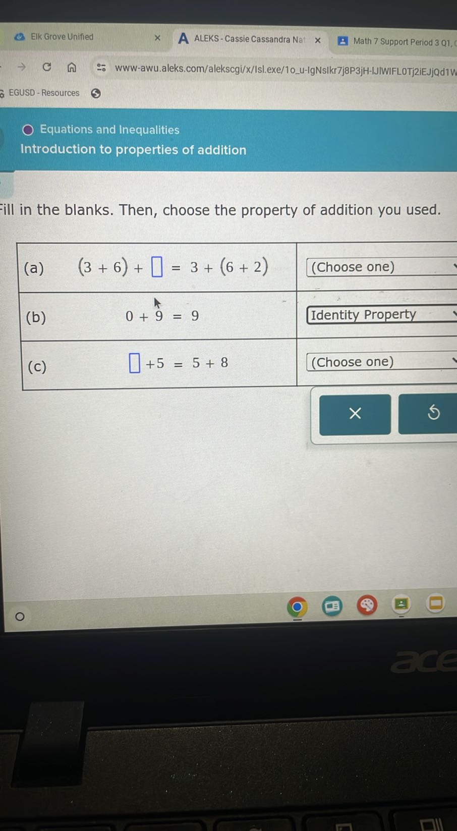 Elk Grove Unified ALEKS - Cassie Cassandra Nat Math 7 Support Period 3 Q1, www-awu.aleks.com ...