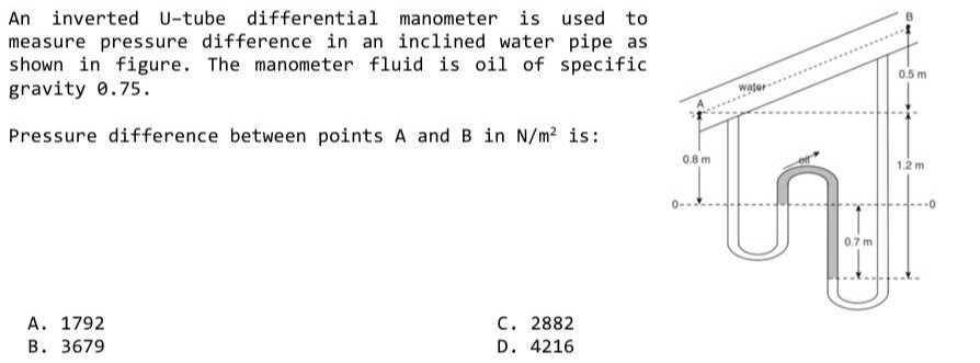 an inverted u tube differential manometer is used to measure pressure difference in an inclined ...