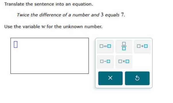 translate the sentence into an equation twice the difference of a number and 3 equals 7 use the ...