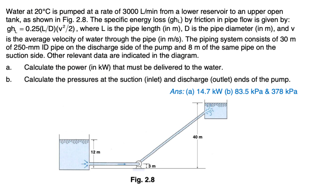 water at 20circ mathrmc is pumped at a rate of 3000 mathrml mathrmmin ...