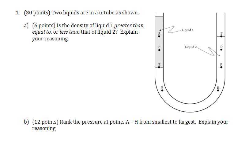 1. ( 30 points) Two liquids are in a u-tube as shown. a) ( 6 points) Is ...