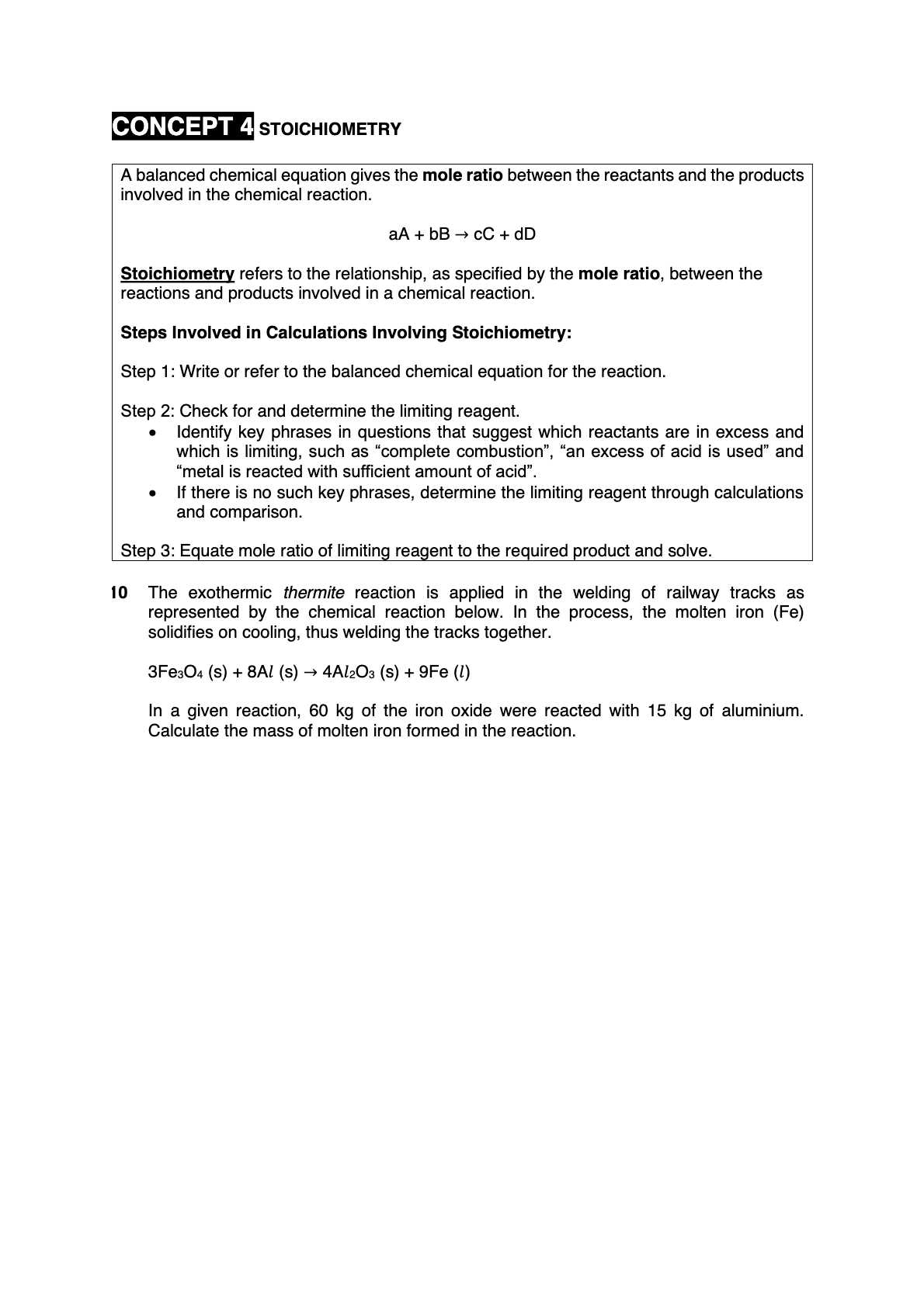 CONCEPT 4 sTOICHIOMETRY A balanced chemical equation gives the mole ...