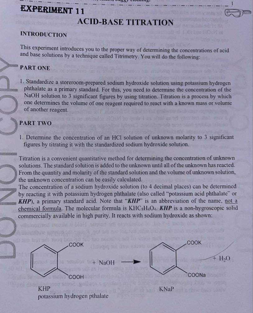 EXPERIMENT 11 ACID-BASE TITRATION INTRODUCTION This experiment ...