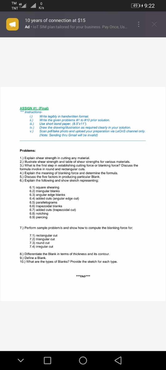 [GET ANSWER] TM TNT 0 K / s 49] 1+9: 22 10 years of connection at $ 15 Ad - loT SIM plan ...