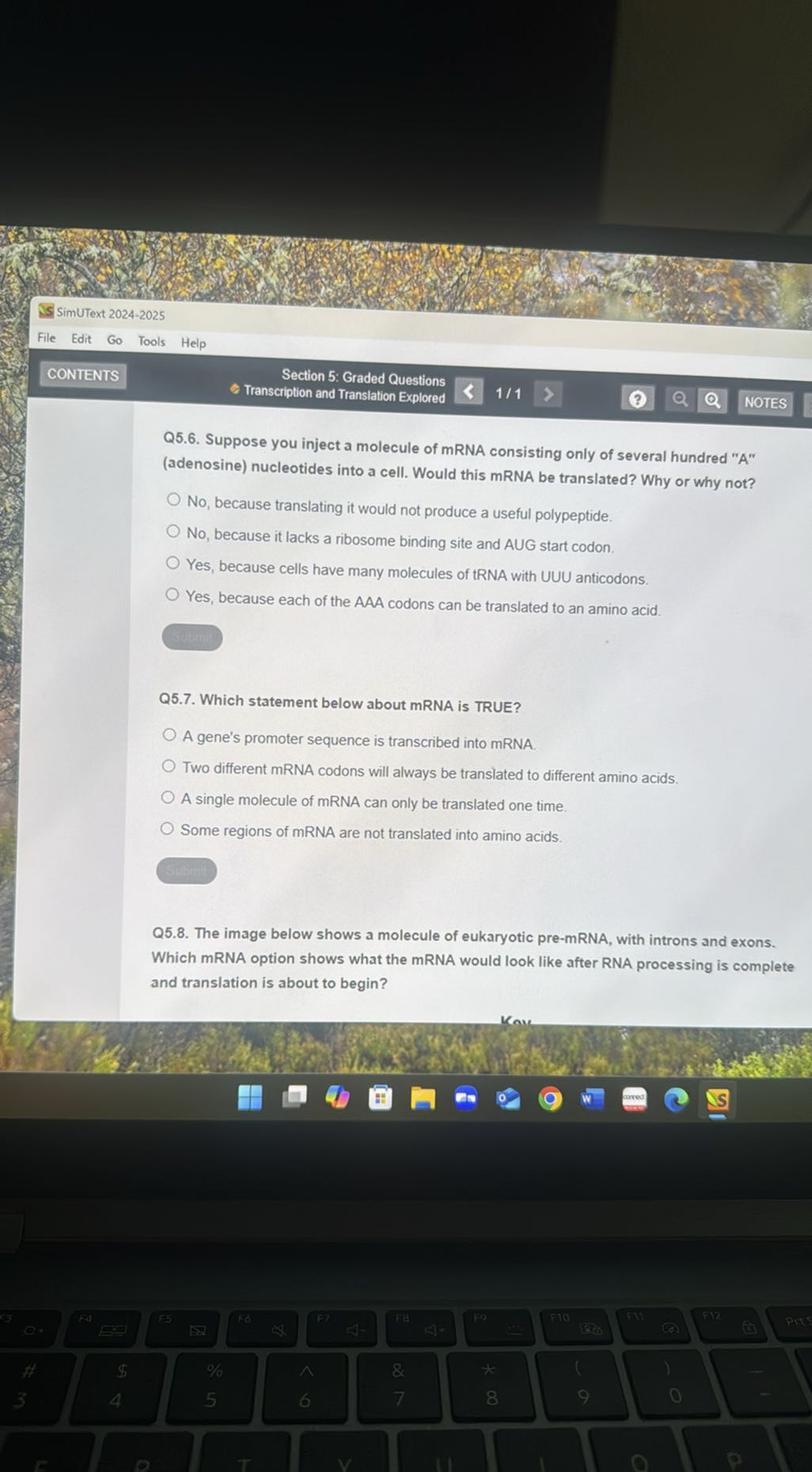 SimUText 2024-2025 File Edit Go Tools Help CONTENTS Section 5: Graded Questions Transcription ...