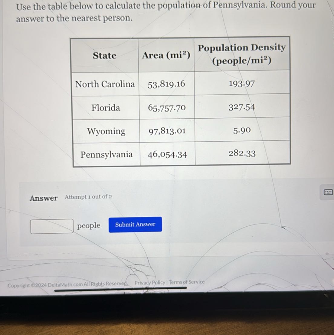 Use the table below to calculate the population of Pennsylvania. Round ...