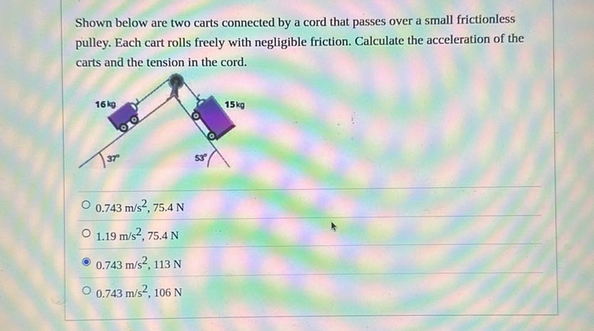 Shown below are two carts connected by a cord that passes over a small ...