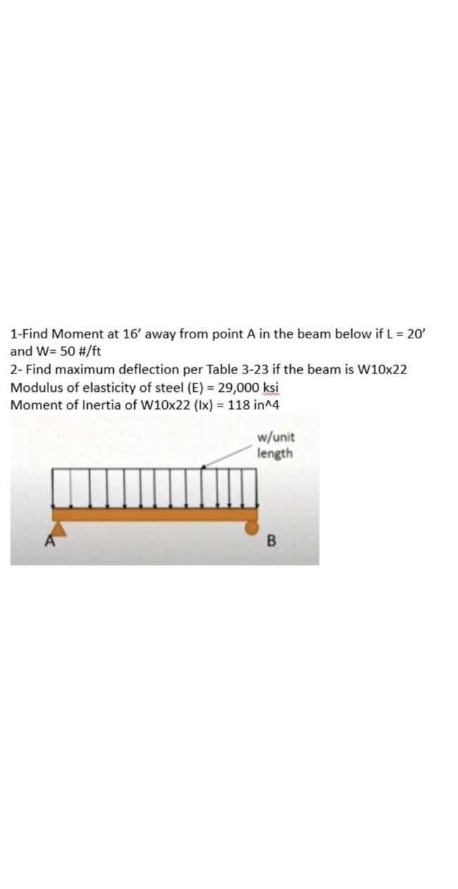 1-Find Moment at 16' away from point A in the beam below if L=20^' and ...