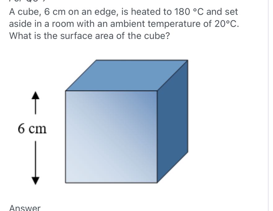 A cube, 6 cm on an edge, is heated to 180^∘C and set aside in a room ...