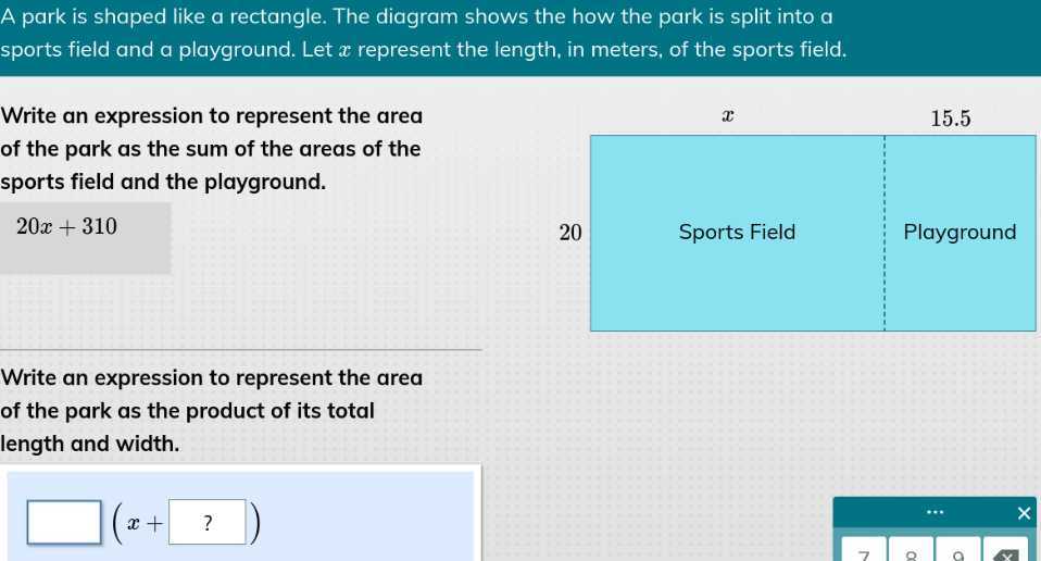 A park is shaped like a rectangle. The diagram shows the how the park ...