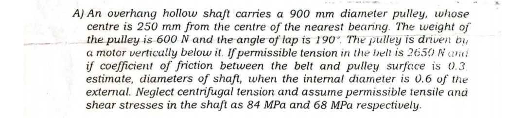 A) An overhang hollow shaft carries a 900 mm diameter pulley, whose ...
