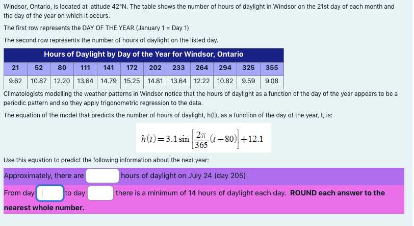 Windsor, Ontario, is located at latitude 42^∘N. The table shows the ...
