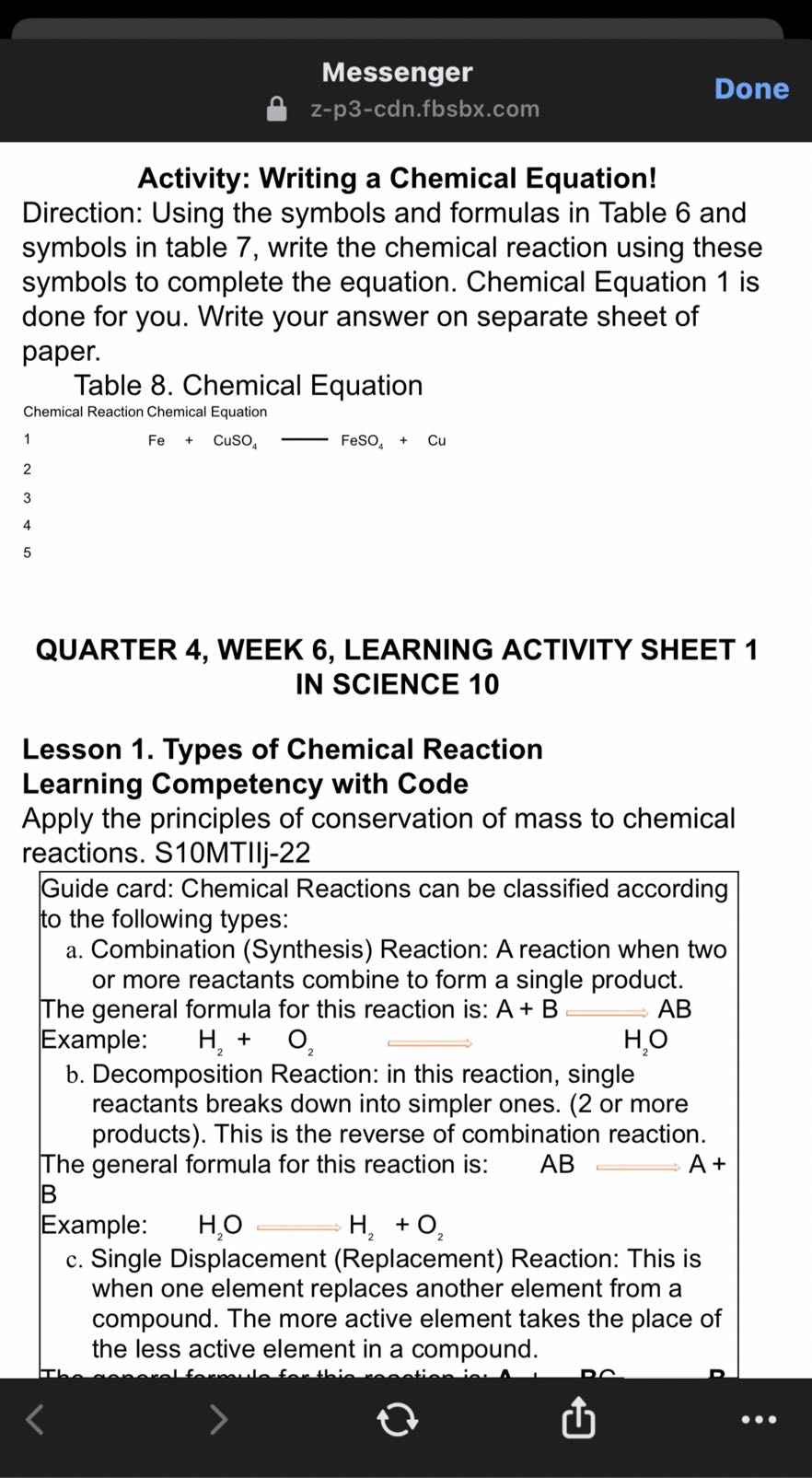Messenger Done z-p3-cdn.fbsbx.com Activity: Writing a Chemical Equation ...