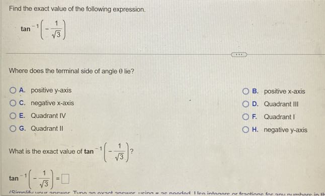 Find the exact value of the following expression. tan ^-1(-(1)/(√(3 ...