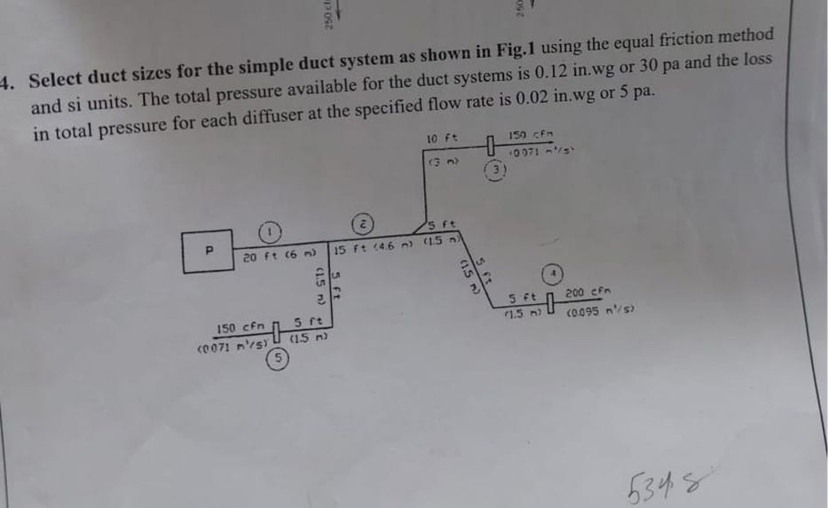4. Select duct sizes for the simple duct system as shown in Fig. 1 ...