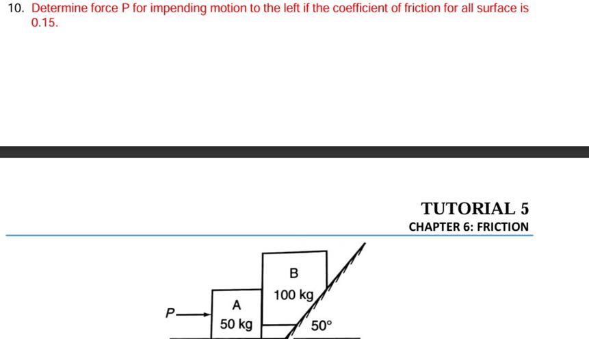10. Determine force P for impending motion to the left if the coefficient of friction for all ...