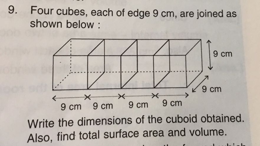 9. Four cubes, each of edge 9 cm , are joined as shown below: Write the dimensions of the cuboid ...