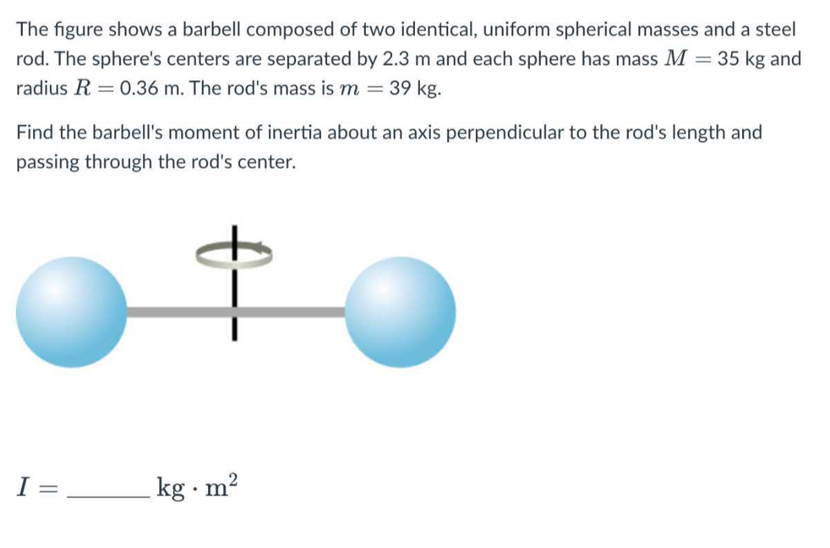 The figure shows a barbell composed of two identical, uniform spherical masses and a steel rod ...