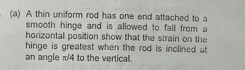 (a) A thin uniform rod has one end attached to a smooth hinge and is ...