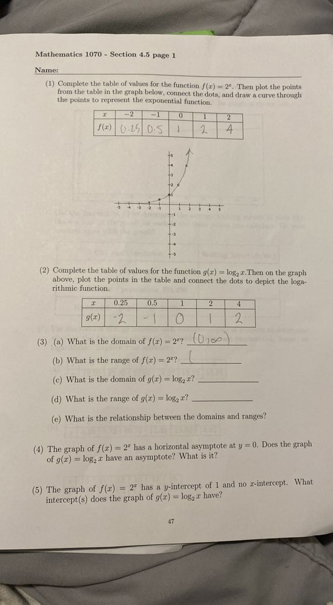 Mathematics 1070 - Section 4.5 page 1 Name: (1) Complete the table of ...