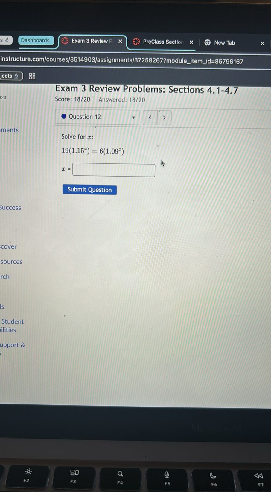 5 & Dashboards Exam 3 Review F PreClass Section New Tab instructure.com ...