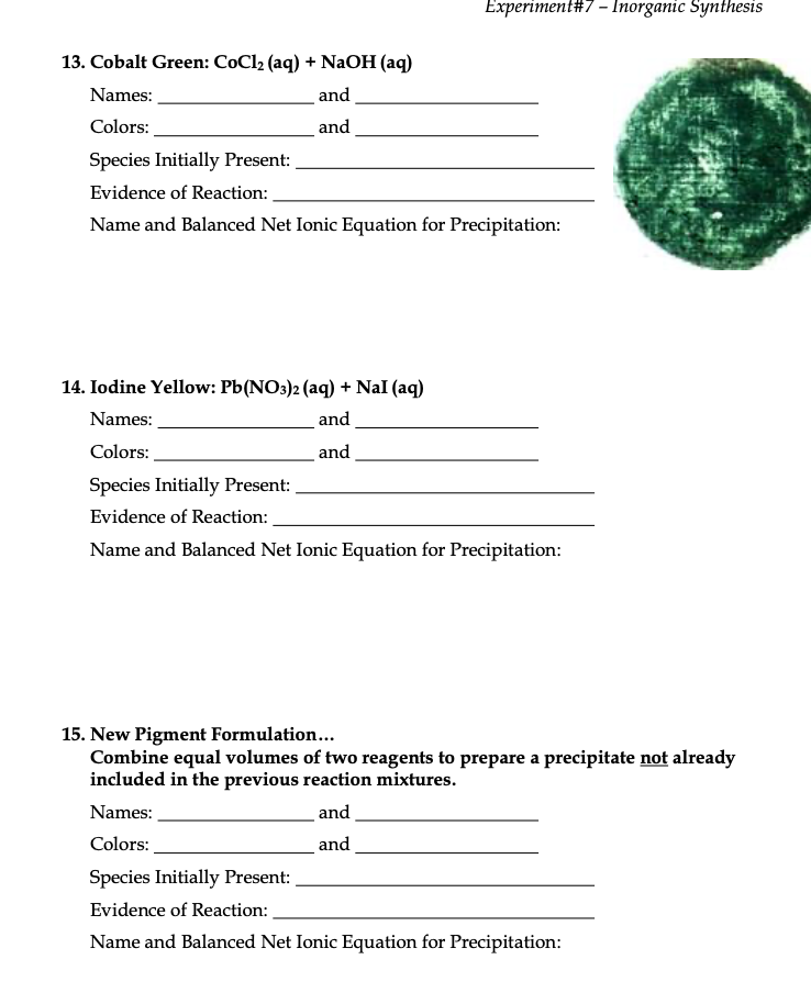SOLVED: Experiment#7 - Inorganic Synthesis 13. Cobalt Green: CoCl2(aq ...