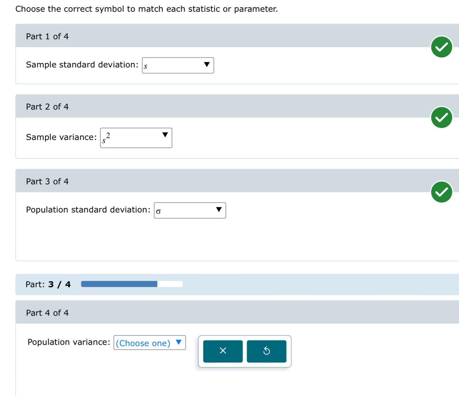 Choose the correct symbol to match each statistic or parameter. Part 1 ...