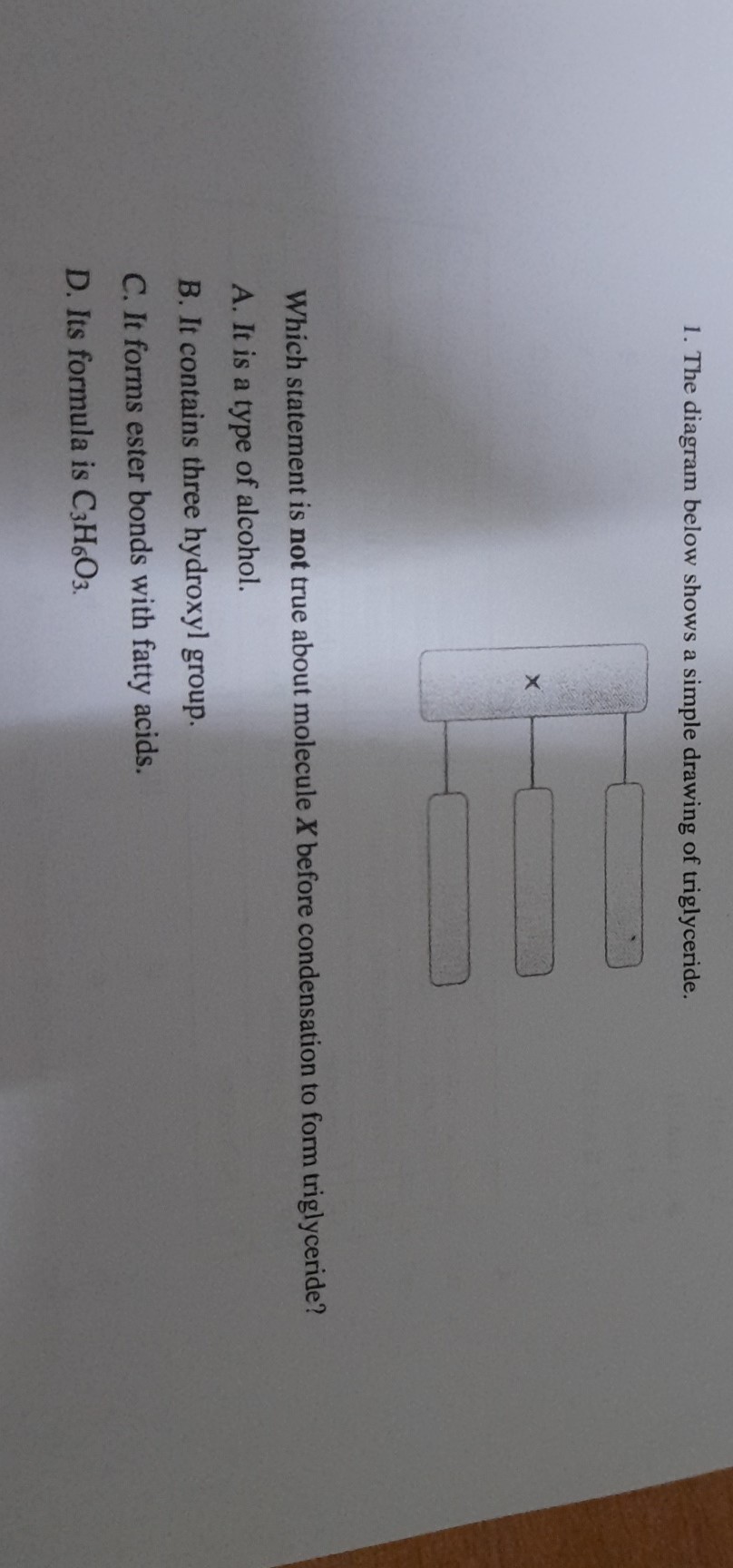 1. The diagram below shows a simple drawing of triglyceride. Which ...
