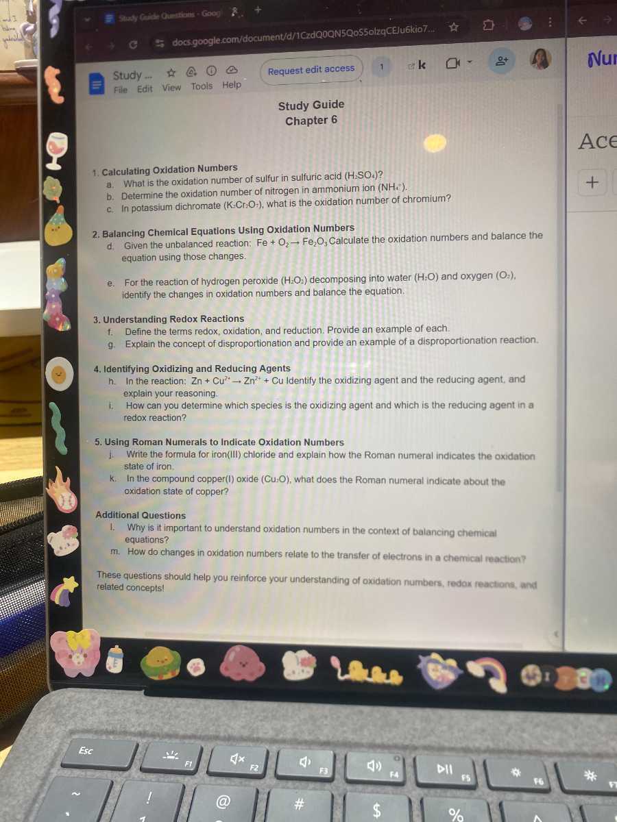 Study Guide Chapter 6 1. Calculating Oxidation Numbers a. What is the ...