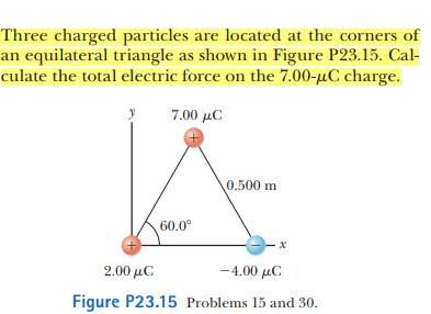 Three charged particles are located at the corners of an equilateral triangle as shown in Figure ...