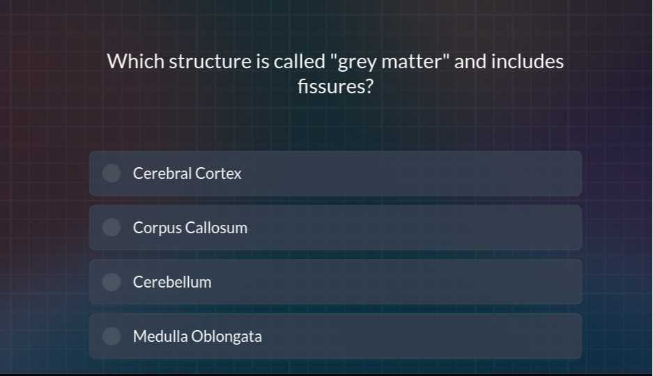 Which structure is called "grey matter" and includes fissures? Cerebral ...