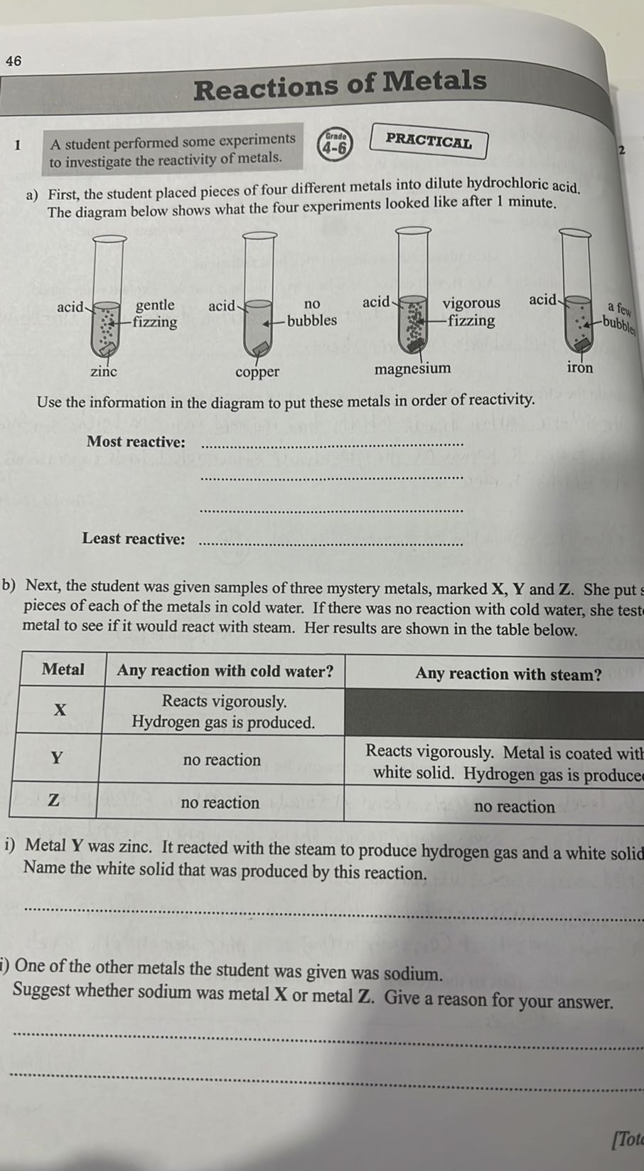 46 Reactions of Metals 1 A student performed some experiments to ...