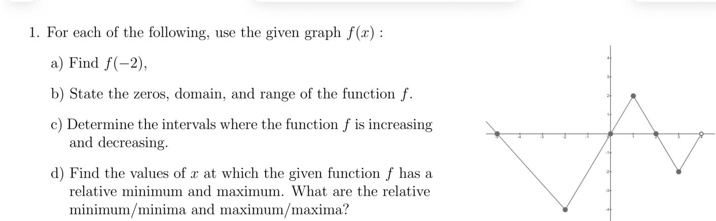 1. For each of the following, use the given graph f(x) : a) Find f(-2 ...