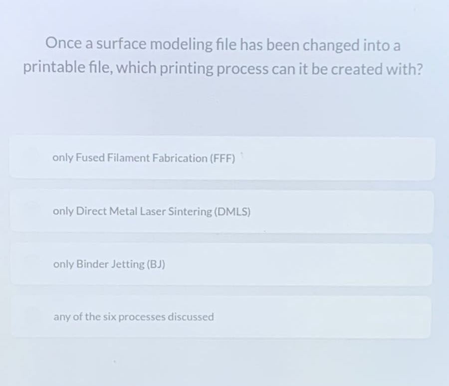 once a surface modeling file has been changed into a printable file which printing process can ...