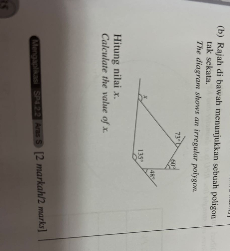 (b) Rajah di bawah menunjukkan sebuah poligon tak sekata. The diagram shows an irregular polygon ...