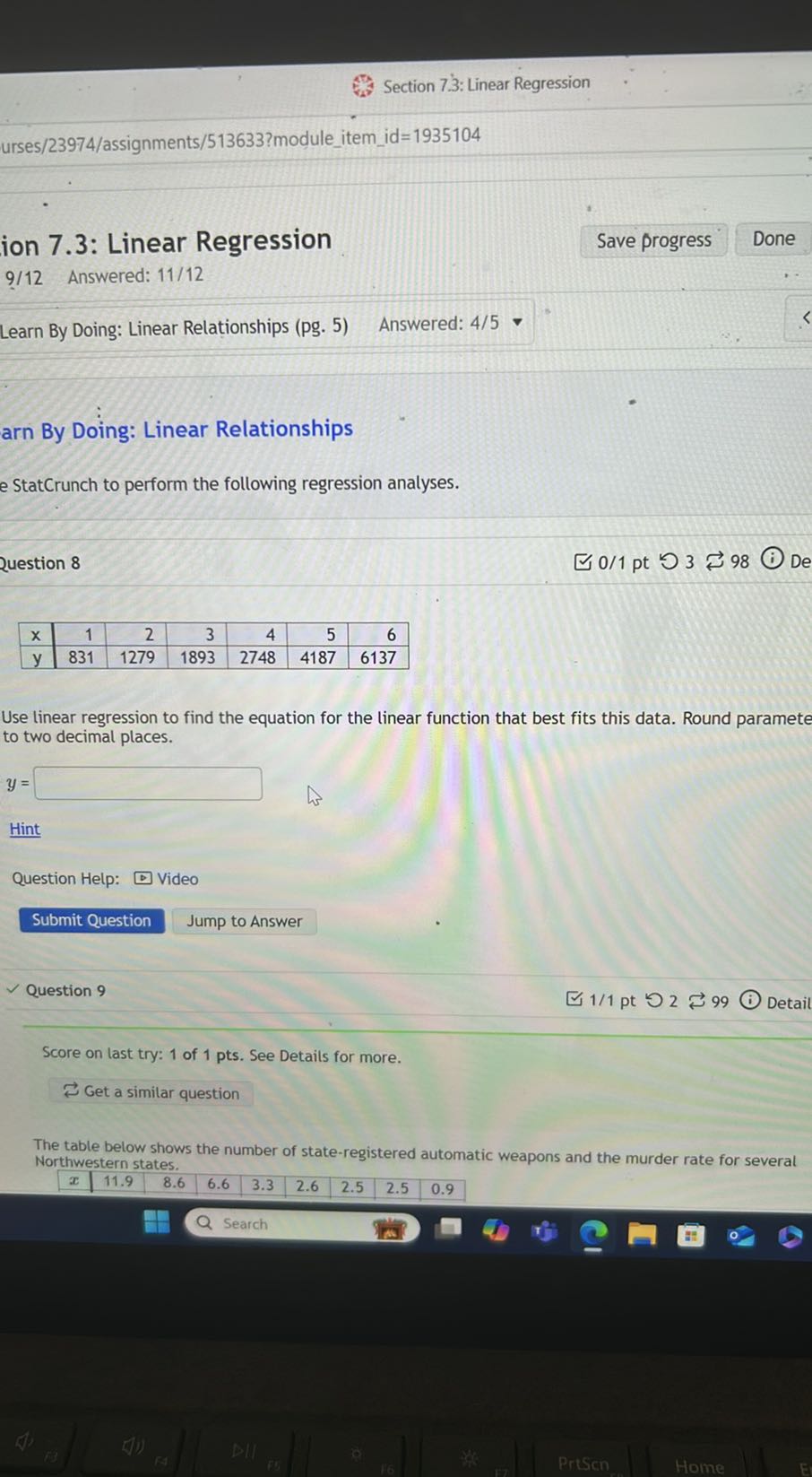Section 7.3: Linear Regression urses/23974/assignments/513633?moduleitemid=1935104 ion 7.3 ...