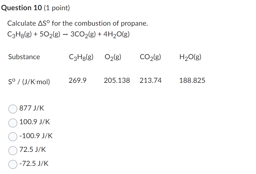 SOLVED: Question 10 (1 point) Calculate Δ S^∘ for the combustion of ...