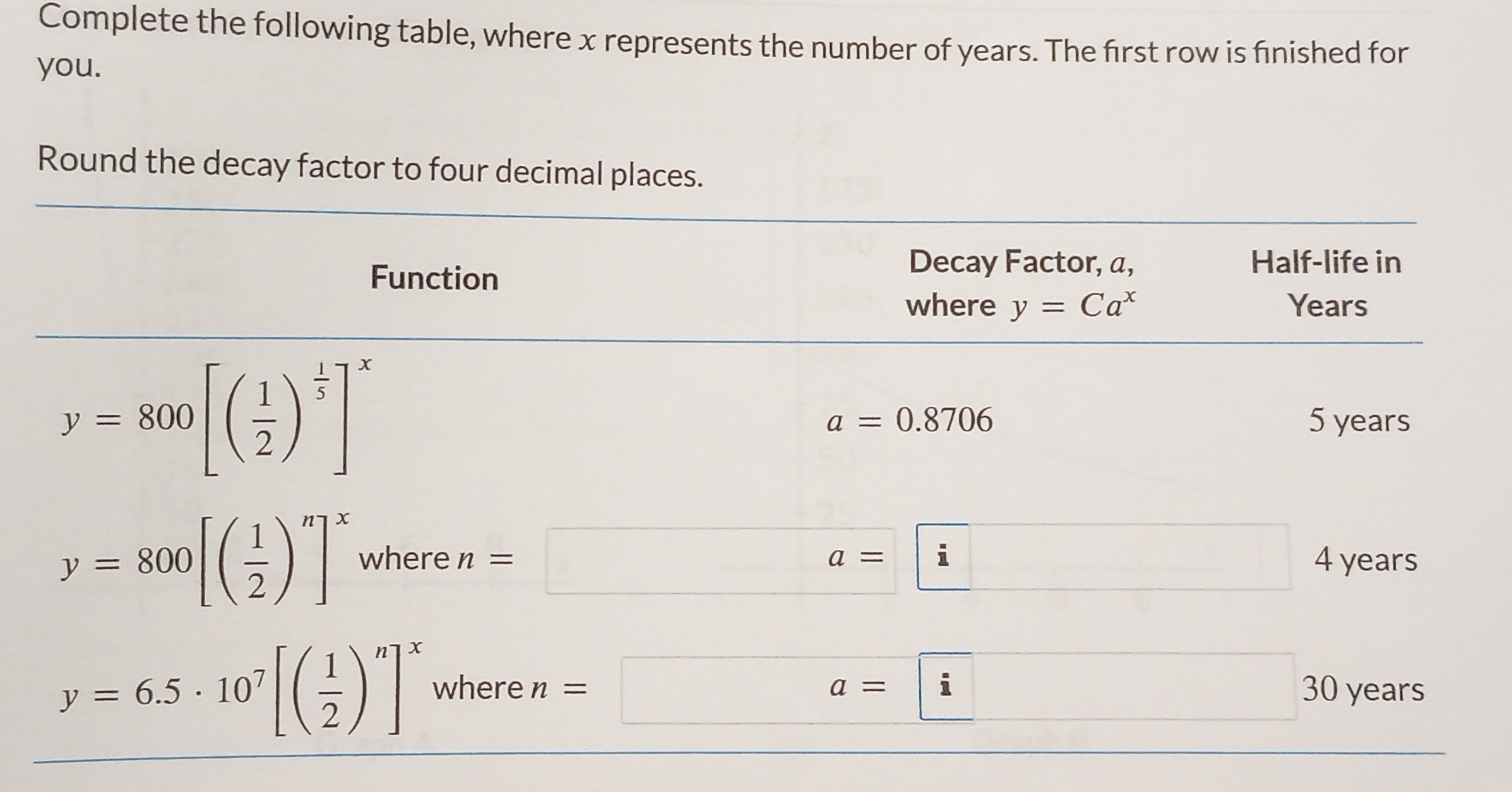 Complete the following table, where x represents the number...