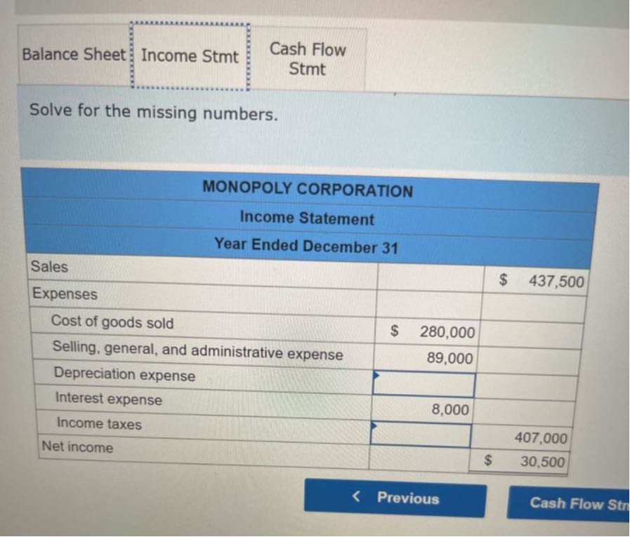 Balance Sheet Income Stmt Cash Flow Stmt Solve for the missing numbers ...