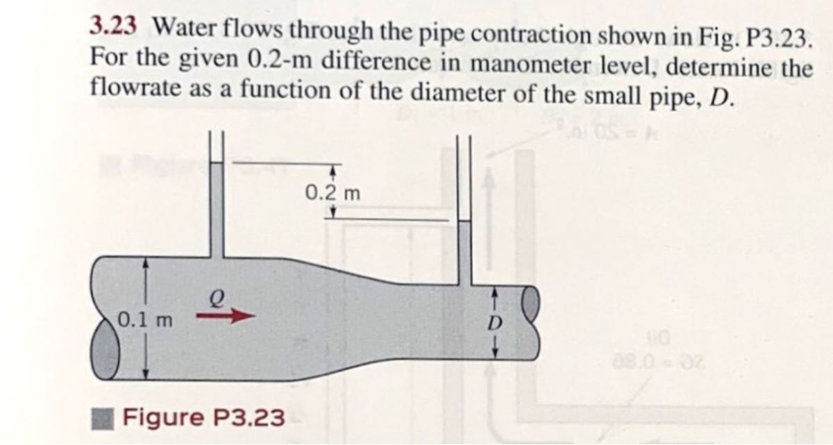 3.23 Water flows through the pipe contraction shown in Fig. P3.23. For ...
