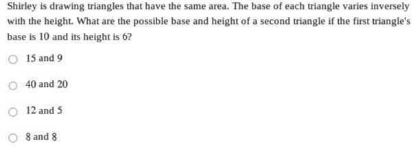 shirley is drawing triangles that have the same area the base of each ...