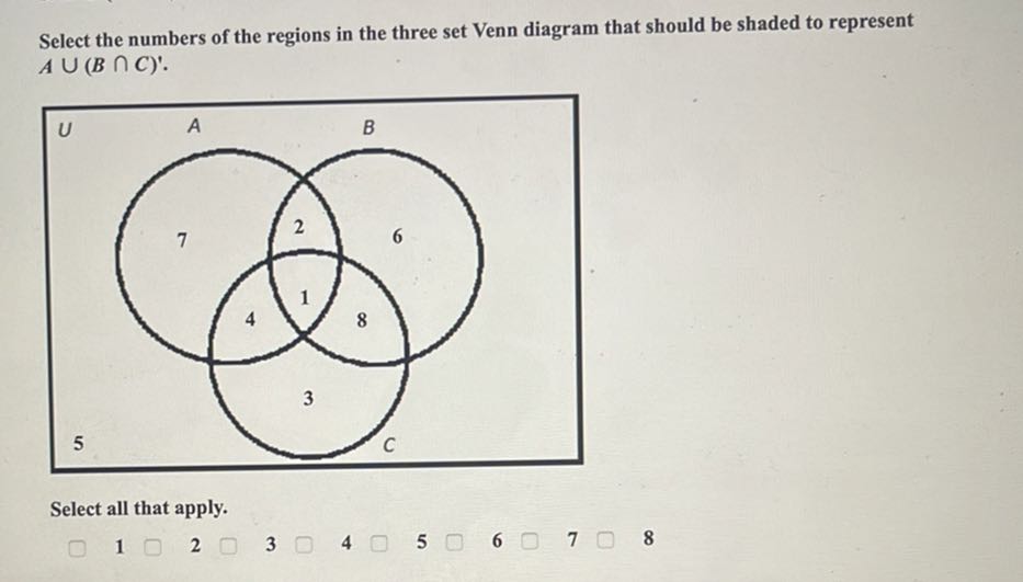 Select the numbers of the regions in the three set Venn diagram that ...