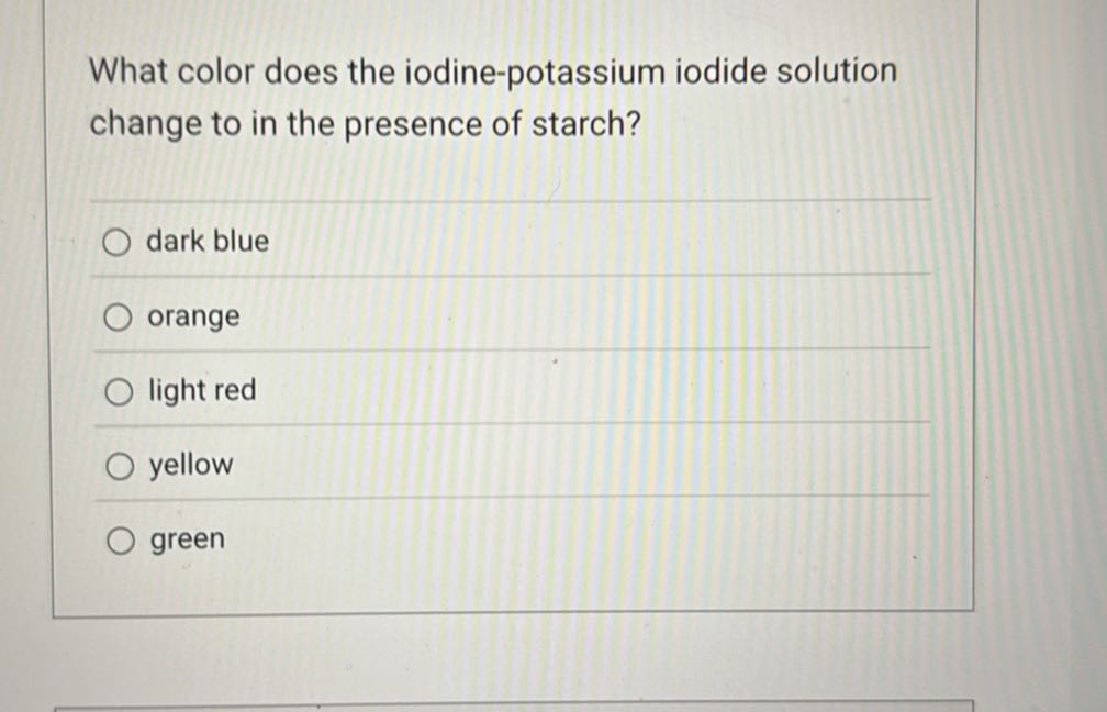 What color does the iodine-potassium iodide solution change to in the ...