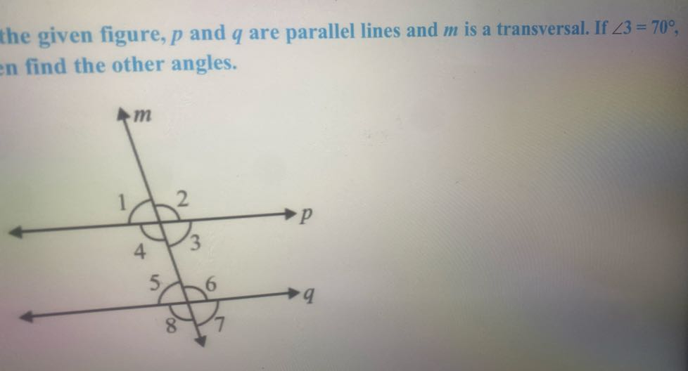 the given figure, p and q are parallel lines and m is a transversal. If ∠ 3=70^∘, in find the ...