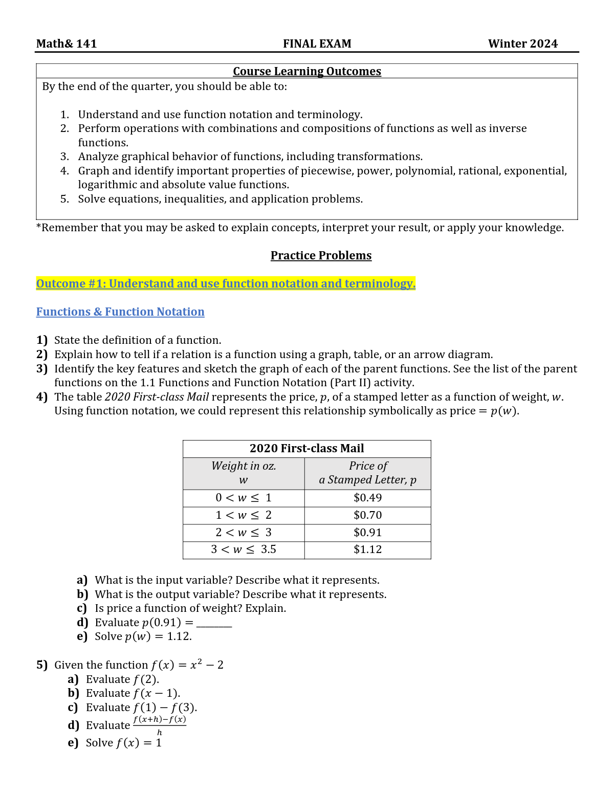 SOLVED: Math& 141 FINAL EXAM Winter 2024 Course Learning Outcomes By the end of the quarter, you ...