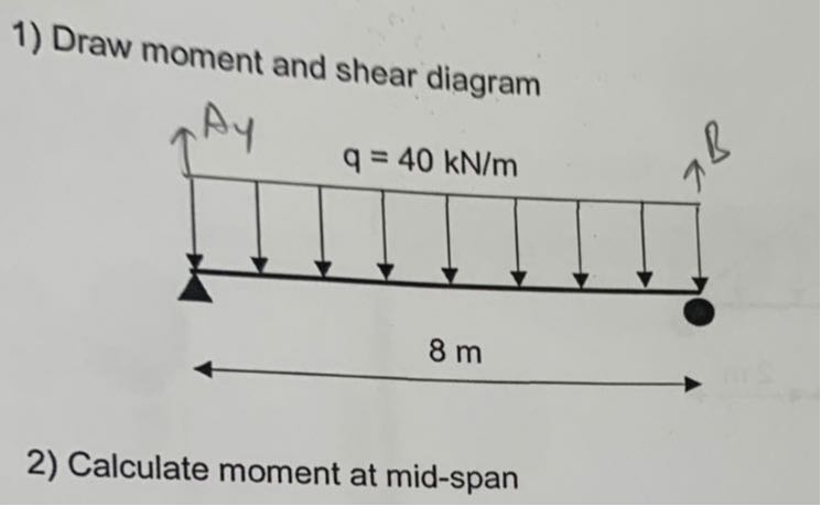 [GET ANSWER] 1) Draw moment and shear diagram 2) Calculate moment at ...