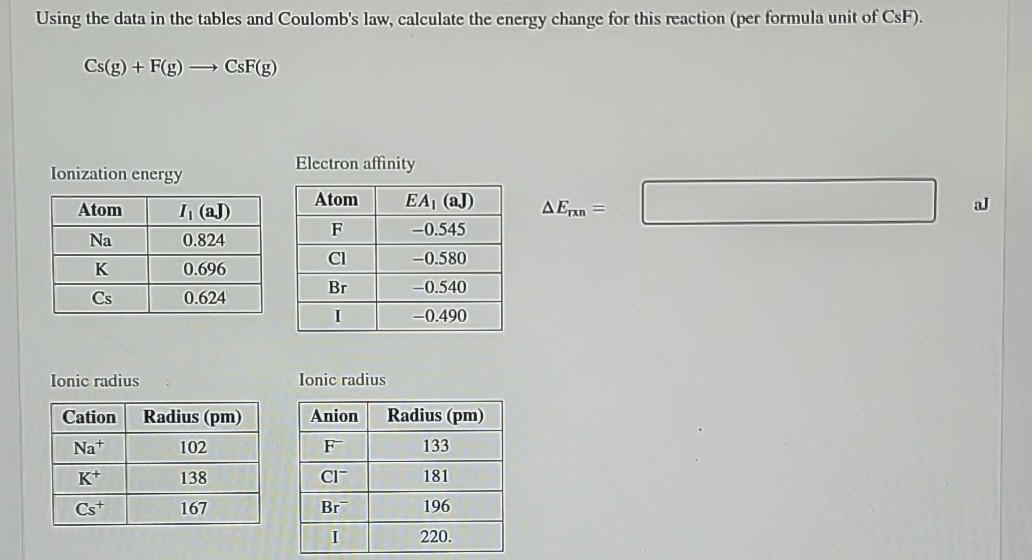 using the data in the tables and coulombs law calculate the energy ...