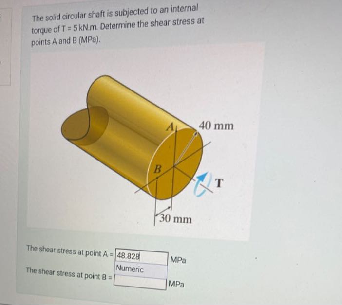The solid circular shaft is subjected to an internal torque of T=5 kN . m. Determine the shear ...